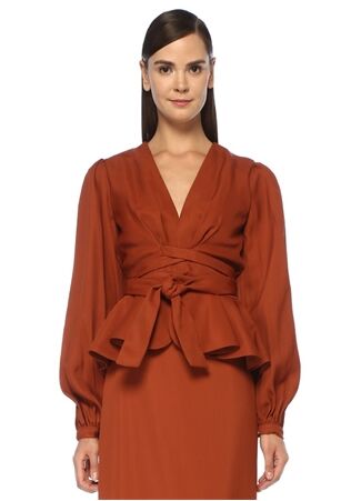 Johanna Ortiz Kadın Coral De Nuqui Kiremit V Yaka Bağcıklı Bluz Kırmızı 6 US