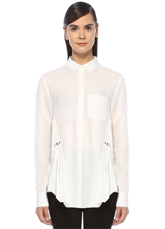 Neil Barrett Kadın Slim Fit Beyaz Kuşgözü Detaylı Pilili Gömlek M EU