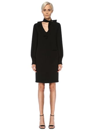 Beymen Collection Kadın Siyah Yakası Fularlı Uzun Kol Midi Elbise 34