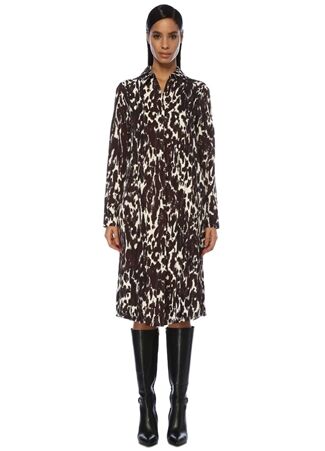 Beymen Collection Kadın Kahverengi Leopar Desenli Pilili Midi Krep Elbise 34