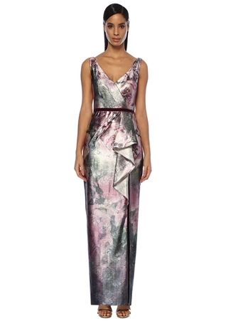 Marchesa Notte Kadın Metalik V Yaka Çiçek Jakarlı Maksi Abiye Elbise 6 US