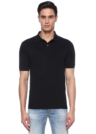 Tru Erkek Slim Fit Siyah Polo Yaka Dokulu T-shirt Lacivert S EU