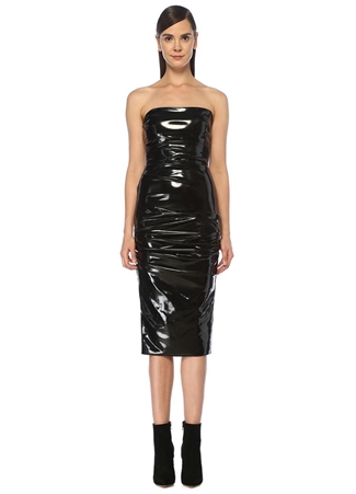 Alex Perry Kadın Decon Siyah Straplez Drapeli Midi Kokteyl Elbise 6 US