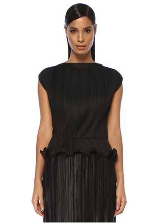 Givenchy Kadın Siyah Kayık Yaka Pilili Ucu Fırfırlı Kolsuz Bluz 38 It