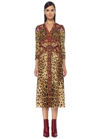Etro Kadın V Yaka Leopar Desenli Midi İpek Elbise Kahverengi 38 IT