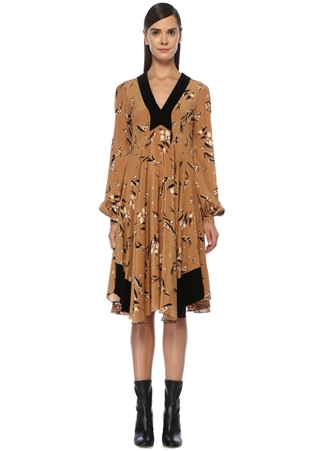 Etro Kadın Bej Siyah V Yaka Çiçekli Midi İpek Elbise 42 IT