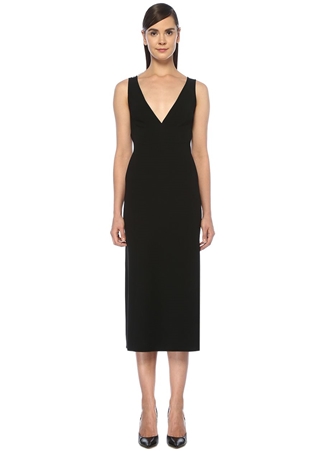 Dsquared2 Kadın Siyah V Yaka Kolsuz Midi Streç Krep Elbise 38 IT
