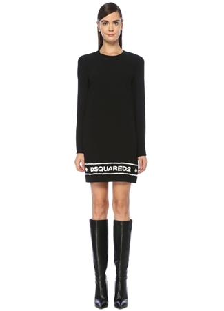 Dsquared2 Kadın Siyah Ucu Logo Nakışlı Uzun Kol Mini Krep Elbise 40 IT