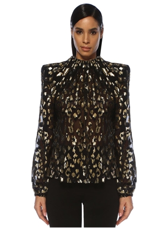 Kadın Siyah Gold Leopar Desenli İpek Bluz 38 IT