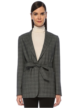 Eleventy Kadın Gri Ekose Desenli Kırlangıç Yaka Yün Ceket Lacivert 42 IT