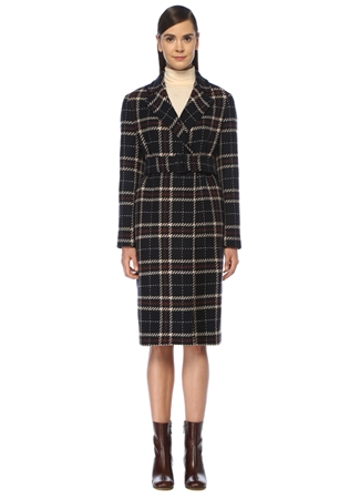 Eleventy Kadın Lacivert Ekoseli Beli Kemerli Kruvaze Yün Palto Mavi 42 IT