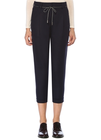 Eleventy Kadın Lacivert Beli Bağcıklı Dar Paça Yün Pantolon 44 IT