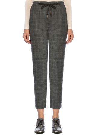 Eleventy Kadın Gri Beli Bağcıklı Kareli Dar Paça Yün Pantolon Lacivert 42 IT