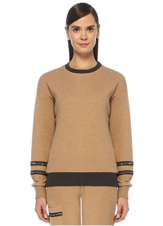 Eleventy Kadın Kamel Antrasit Taşlı Şerit Detaylı Sweatshirt Kahverengi S EU
