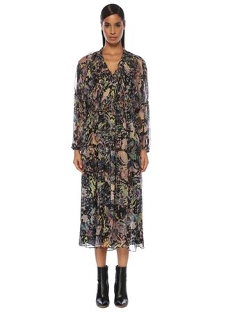 IRO Kadın Ramona Siyah V Yaka Çiçekli Çizgili Midi Elbise 36 FR