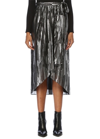 IRO Kadın Dorie Siyah Silver Çizgili Asimetrik Midi Etek 34 FR