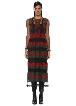 Red Valentino Kadın Siyah Kırmızı Çiçekli Uzun Kol Midi Tül Elbise 38 IT