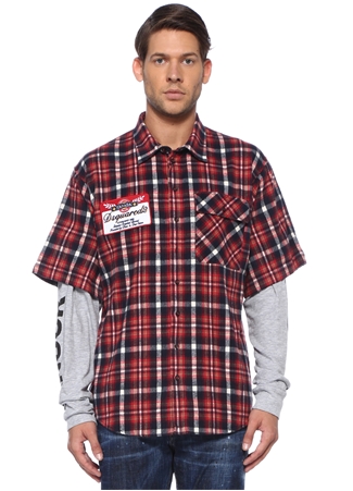Dsquared2 Erkek Kırmızı İngiliz Yaka Kolu Garnili Ekoseli Gömlek 50 IT