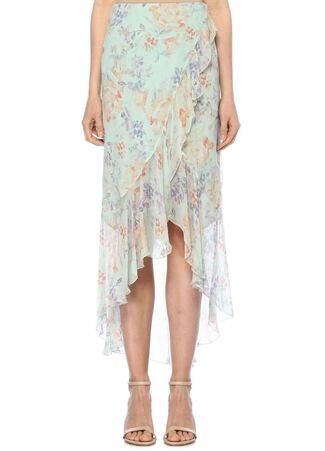 Alice+Olivia Kadın Caily Mavi Çiçekli Fırfırlı Asimetrik Midi Etek 0 US