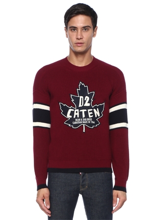 Dsquared2 Erkek Bordo Bisiklet Yaka Logo Patchli Dokulu Yün Kazak M Eu