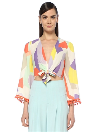 Alice+Olivia Kadın Haidiee Geometrik Desenli Önü Bağcıklı Crop Bluz M EU