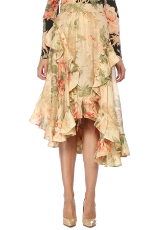 Zimmermann Kadın Espinoge Bej Çiçek Desenli Volanlı Keten Midi Etek 0 US