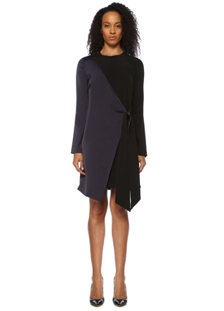 Victoria by Beckham Kadın Lacivert Siyah Bağcıklı Midi Krep Saten Elbise 0 US