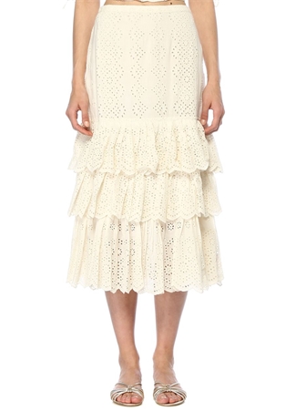 Love Shack Fancy Kadın Becky Ekru Nakışlı Volanlı Midi Etek Bej 0 US Love Shack Fancy Kadın Becky Ekru Nakışlı Volanlı Midi Etek Bej 0 US
