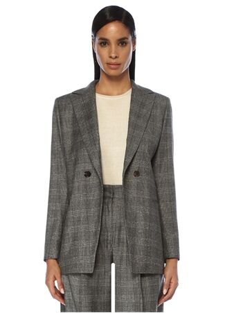 Kiton Kadın Gri Ekose Desenli Kruvaze Yün Ceket 40 IT