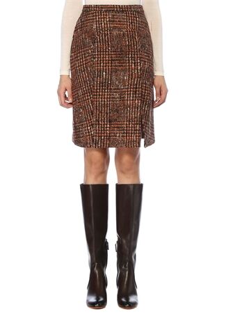 Kiton Kadın Kazayağı Desenli Yırtmaçlı Mini Yün Etek Kırmızı 42 IT