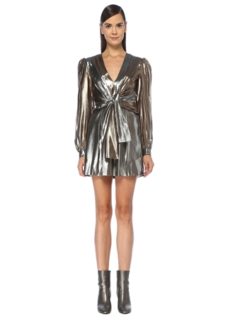 Alberta Ferretti Kadın Gold Silver V Yaka Önü Düğümlü Mini İpek Elbise Kırmızı 40 IT