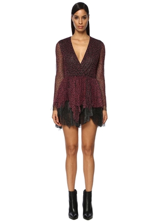 Philosophy di Lorenzo Serafini Kadın Pembe Simli Leopar Desenli Mini Tül Elbise 40 IT