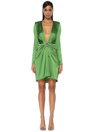Alexandre Vauthier Kadın Moss Yeşil V Yaka Taşlı Mini İpek Kokteyl Elbise 36 IT