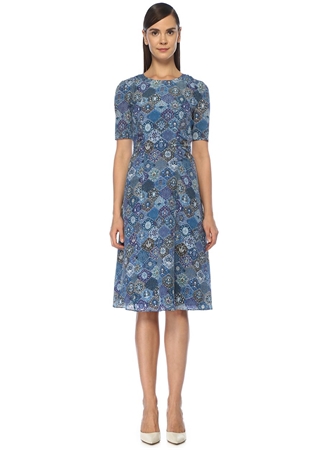 Altuzarra Kadın Mavi Etnik Desenli Kısa Kol Midi İpek Elbise Siyah 38 IT