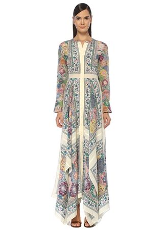 Altuzarra Kadın Ekru Çiçek Desenli Maksi İpek Gömlek Elbise Beyaz 36 IT