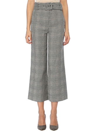 Veronica Beard Kadın Gri Lacivert Ekoseli Yüksek Bel Keten Pantolon 0 US