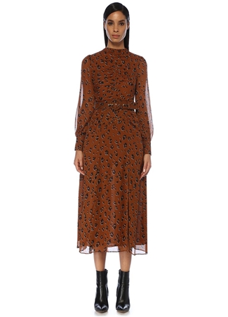 Nicholas Kadın Kahverengi Leopar Desenli Büzgülü Midi İpek Elbise 6 US