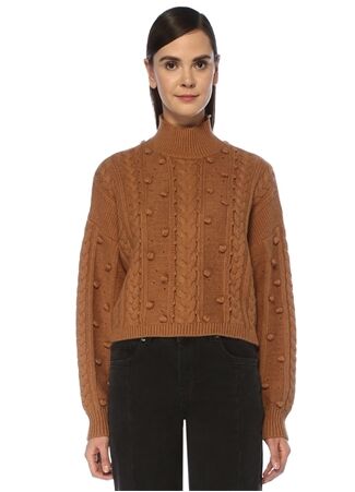 Nicholas Kadın Kahverengi Dik Yaka Crop Örgü Yün Kazak M EU