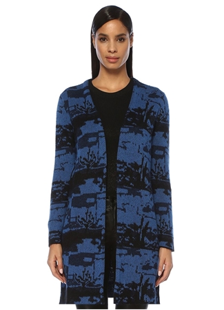 Academia Kadın Mavi Siyah Jakarlı Uzun Bol Hırka M/l