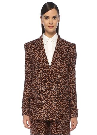 Sara Battaglia Kadın Kelebek Yaka Leopar Desenli Kruvaze Ceket Kahverengi 40 FR