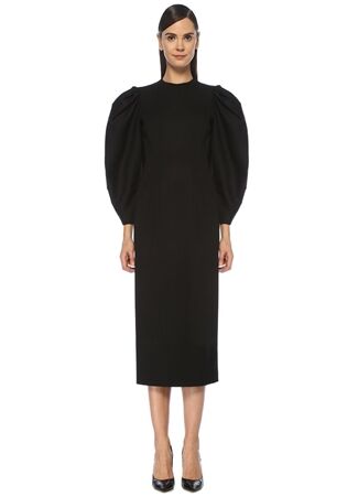 Sara Battaglia Kadın Siyah Sırt Dekolteli Balon Kol Midi Yün Elbise 38 FR