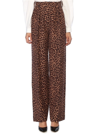 Sara Battaglia Kadın Yüksek Bel Leopar Desenli Bol Paça Pantolon Kahverengi 38 FR