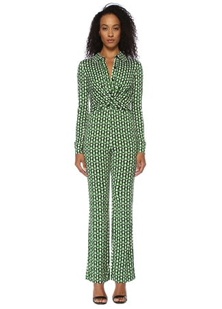 Diane Von Furstenberg Kadın Michele Yeşil Beyaz Geometrik Desenli İpek Tulum 0 US Diane Von Furstenberg Kadın Michele Yeşil Beyaz Geometrik Desenli İpek Tulum 0 US