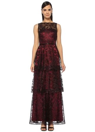 Theia Kadın Bordo Çiçek Nakışlı Maksi Dantel Abiye Elbise 2 US