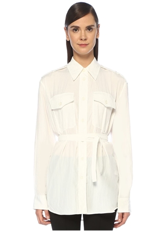 Helmut Lang Kadın Beyaz Sivri Yaka Beli Kuşaklı Gömlek M EU