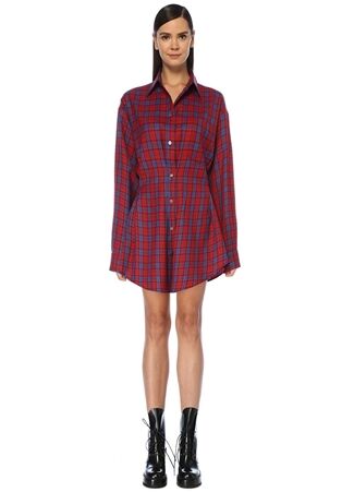 Unravel Kadın Kırmızı Ekoseli Pili Detaylı Yün Gömlek Elbise 40 IT
