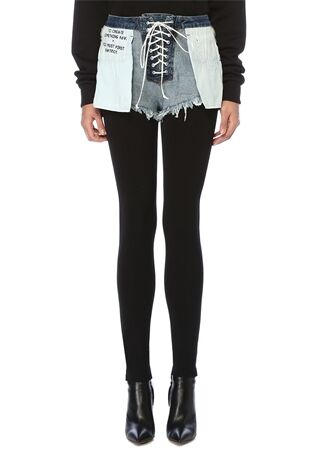 Unravel Kadın Siyah Tayt Detaylı Beli Bağcıklı Denim Şort Mavi 25 US