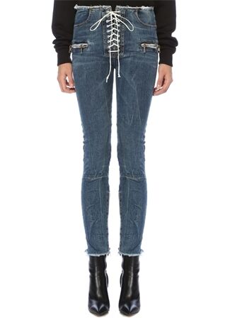 Unravel Kadın Kuşgözü Detaylı Püsküllü Skinny Jean Pantolon Mavi 27 US