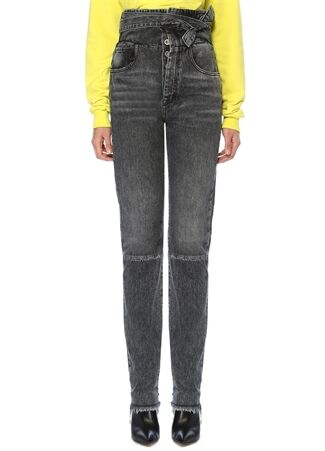 Unravel Kadın Siyah Yüksek Bel Kuşaklı Boru Paça Jean Pantolon 27 US