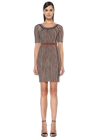 Missoni Kadın Kayık Yaka Çizgili Kısa Kol Mini Triko Elbise 44 IT